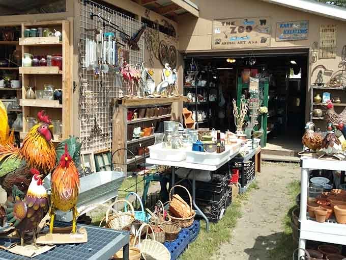 Decorative chickens and eclectic treasures create the kind of organized chaos that makes flea market browsing an absolute joy.