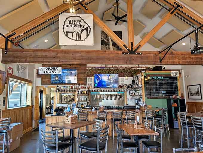 Silver Falls Brewery's timber-beamed interior makes you want to settle in for the afternoon with something cold and local.