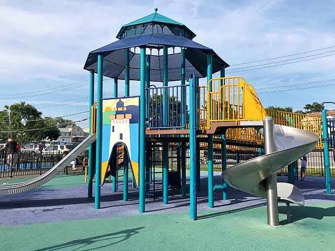Barnhart Park's playground equipment suggests Sleepy Hollow takes its family-friendly reputation as seriously as its spooky one.