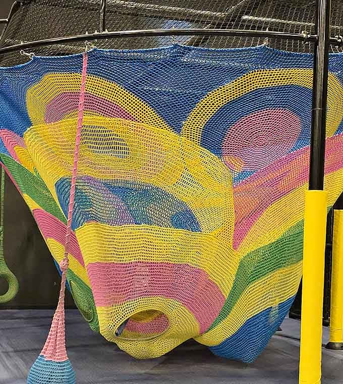 This rainbow climbing net looks like a crayon box exploded and decided to become three-dimensional playground art.
