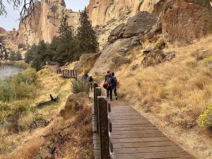 Wooden boardwalks guide you through riparian zones where the desert meets the river in perfect natural harmony together.
