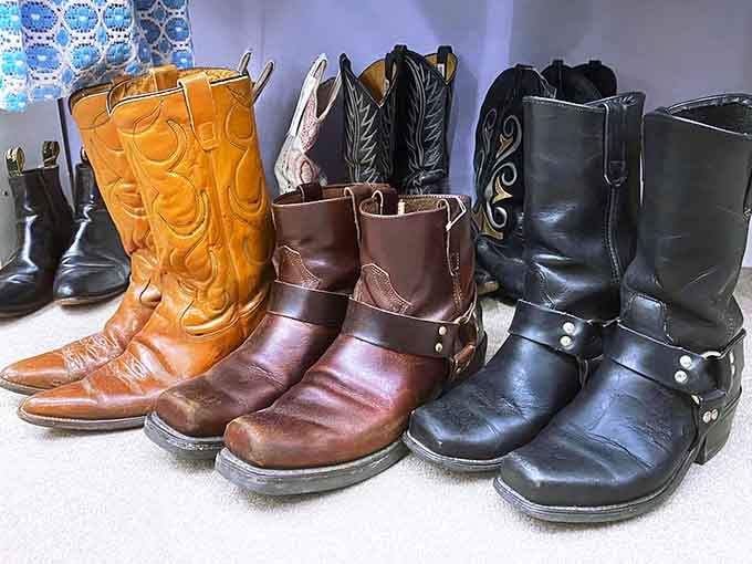Cowboy boots standing tall, each pair with stories of honky-tonks and two-stepping adventures.