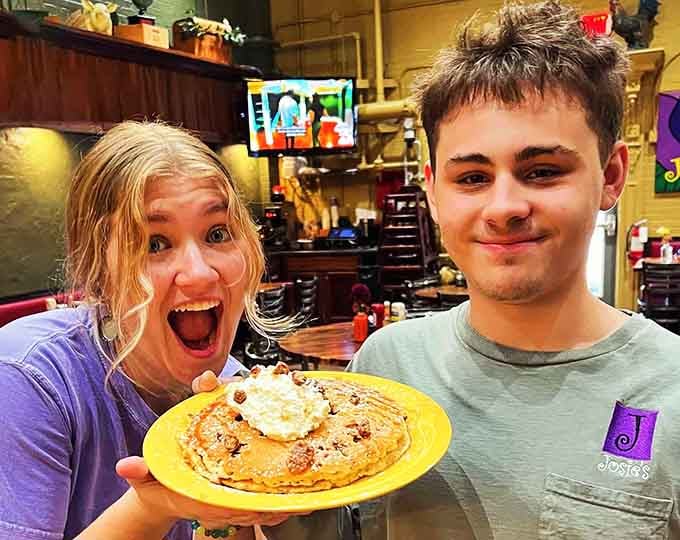 The joy of breakfast is contagious at Josie's, where pancakes inspire expressions that words simply cannot match.