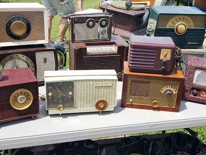Radios from when families gathered around to listen together, proving entertainment was once a shared experience requiring actual furniture.