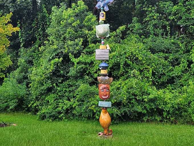 This towering sculpture of stacked curiosities proves that yard art doesn't have to follow any sensible rules.