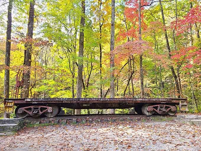 An old railroad flatcar sits as a rusty reminder of trains that never came through this mountain.