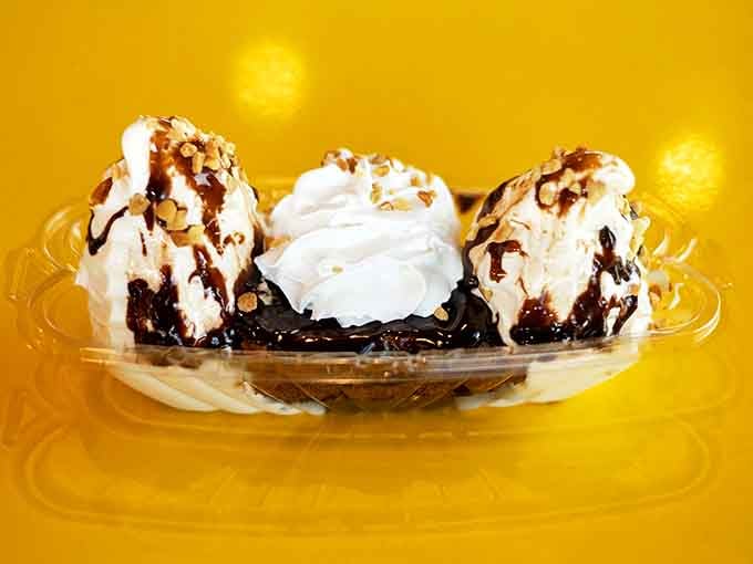 A hot fudge sundae that belongs in the dessert hall of fame. Those three perfect scoops are waiting to fulfill their delicious destiny.