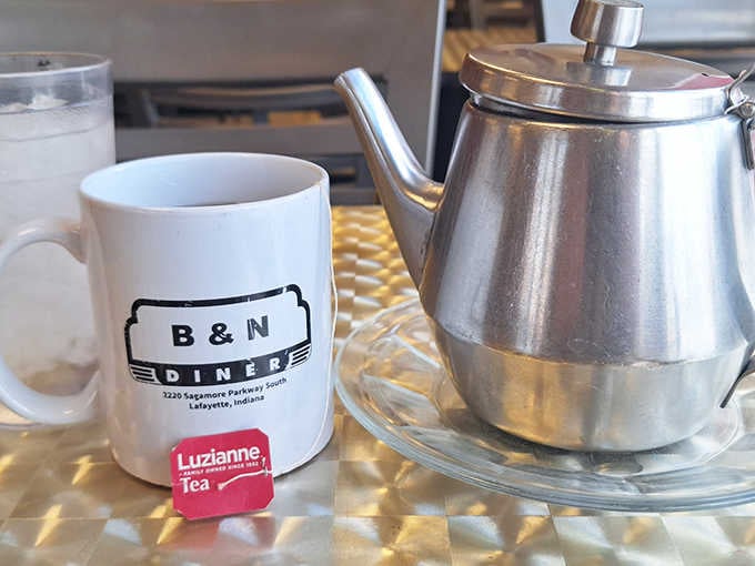 Tea service with Luzianne&mdash;because sometimes even die-hard coffee drinkers need to switch teams for a morning. That metal pot means business.