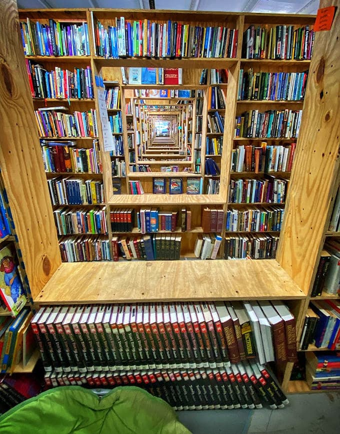 This tunnel vision shot through the shelves looks like something from a bibliophile's fever dream sequence.