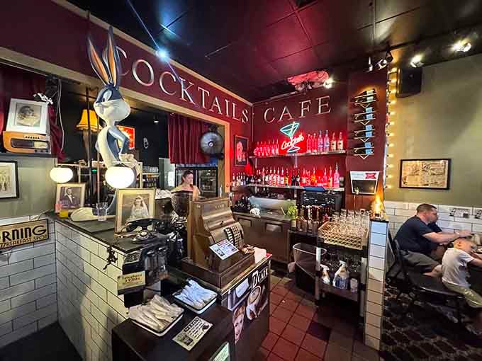 The bar area channels old-school cocktail lounges where Bugs Bunny might've ordered a carrot juice martini.