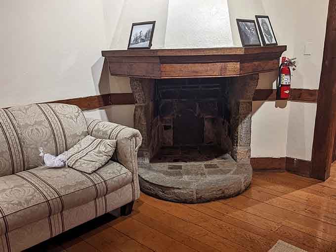 A rustic stone fireplace that's seen more romance than your favorite streaming service drama series.
