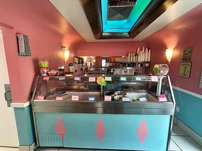 The ice cream counter at The Comet Classic Diner & Creamery displays frozen treasures in every flavor your heart desires.