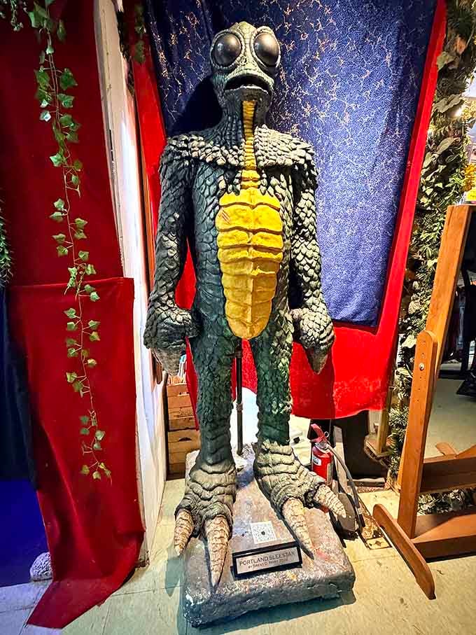 The Portland Sleestak stands guard, proving that Land of the Lost references never go out of style here.