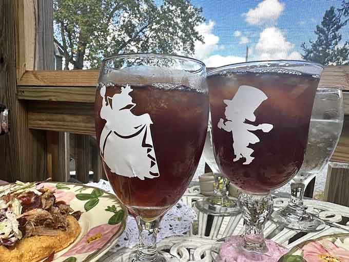 Even the iced tea gets dressed up in etched glasses featuring Alice and friends, because details matter in Wonderland.