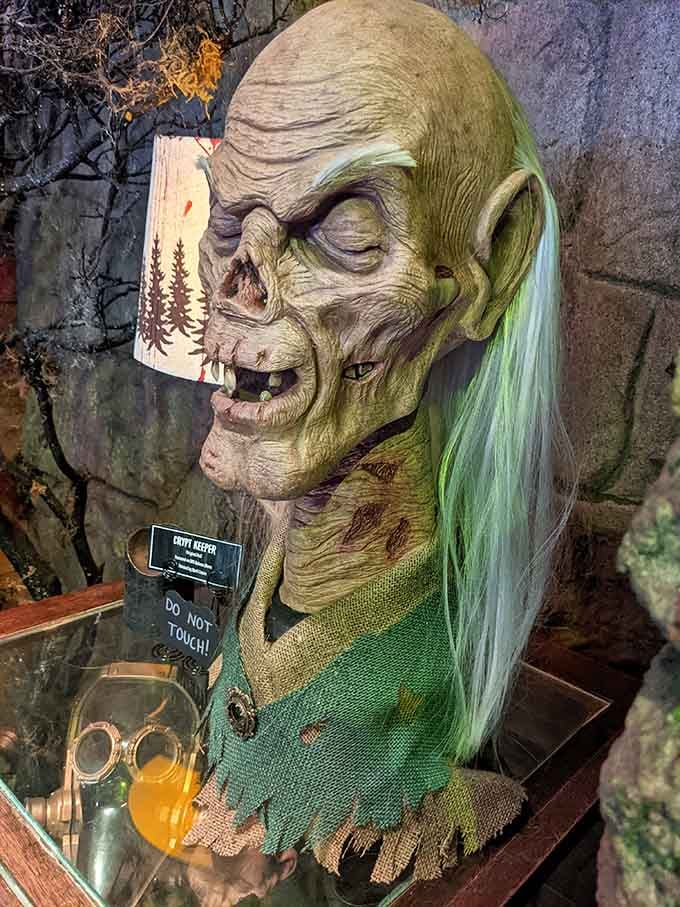 The Crypt Keeper's cousin looks surprisingly dapper in green, proving that even ghouls appreciate a good fashion statement occasionally.