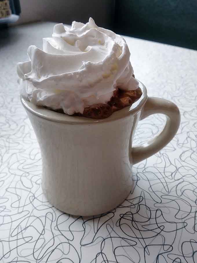 Hot chocolate piled with whipped cream like a delicious snow-capped mountain in a mug.