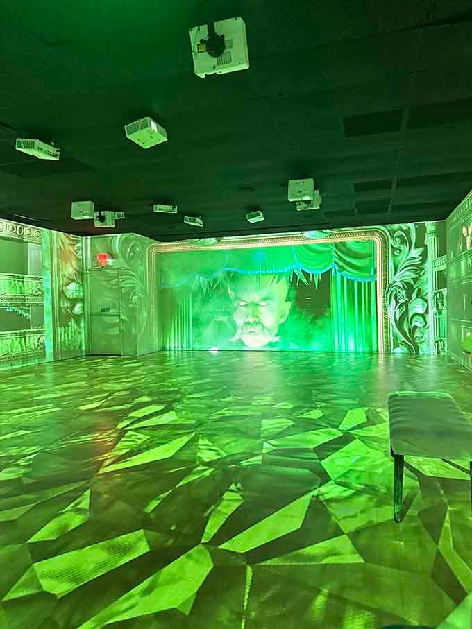 The Wizard himself appears in emerald glory, all smoke and mirrors and theatrical magnificence on display.