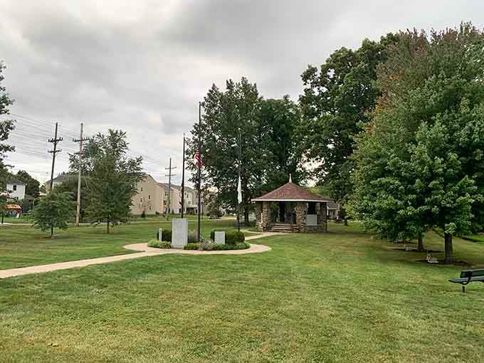 Memorial Park's stone pavilion offers shade and history, a quiet spot where small-town America still feels genuinely American.