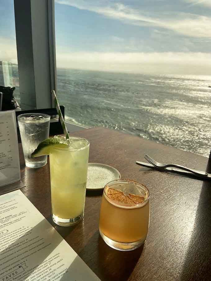 Cocktails positioned perfectly for sunset watching, because drinking with a view is basically a coastal Oregon requirement by law.