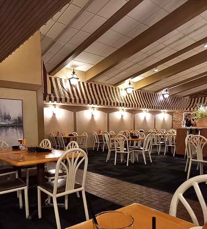 Vaulted ceilings and cozy booths create the perfect atmosphere for serious carbohydrate consumption decisions.