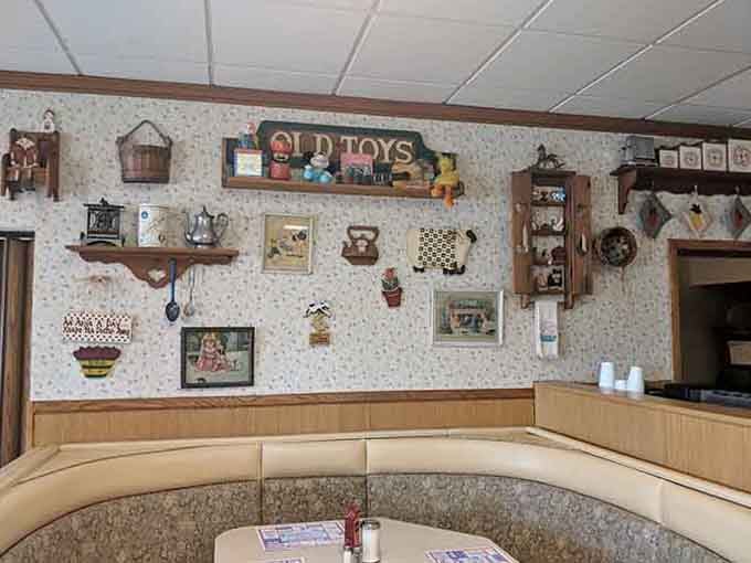 Wall decor featuring old toys and vintage charm: nostalgia you can see while eating nostalgia you can taste.