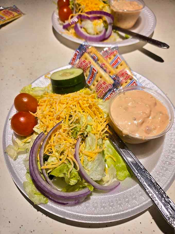 Fresh salads ready to go, though let's be honest, you're probably here for the fried stuff instead.