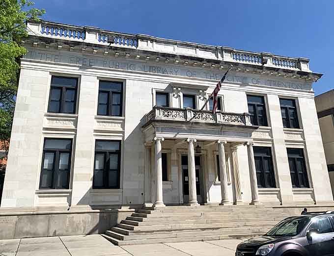 Trenton Free Public Library's classical columns support both literature and literacy while your reasonable rent supports actual savings in your bank account.