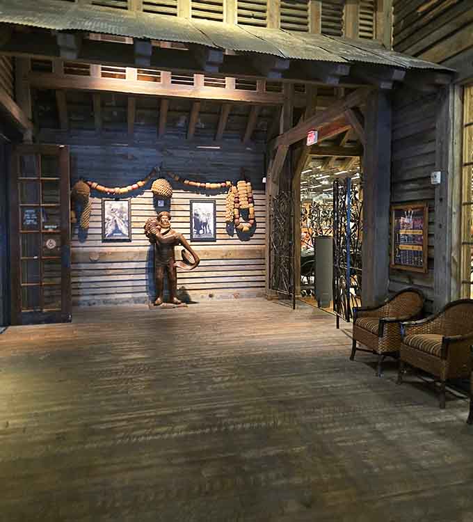 Rustic seating areas with fishing gear decor provide perfect spots for waiting, resting, or hiding from bowling responsibilities.