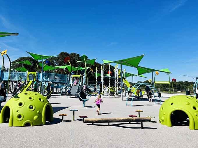 Bright climbing domes that look like alien pods landed and decided to become playground equipment instead.