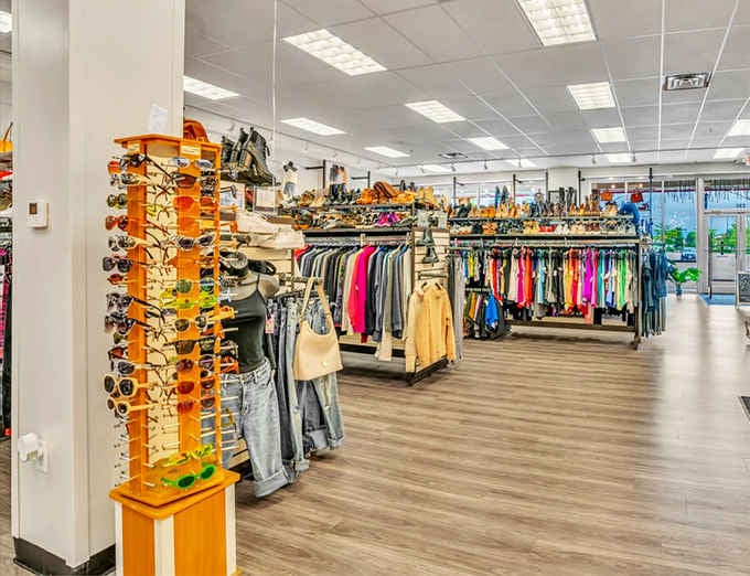 Organized racks and bright overhead lighting make browsing here feel more like Fifth Avenue than your grandmother's attic sale.