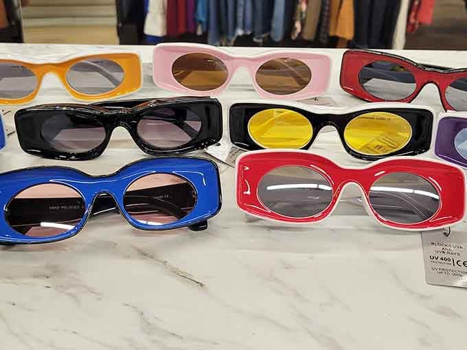 Sunglasses in bold colors that protect your eyes and your bank balance from the harsh glare of reality.