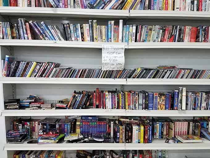 Media shelves hold entertainment history, from forgotten blockbusters to albums your parents probably owned once.
