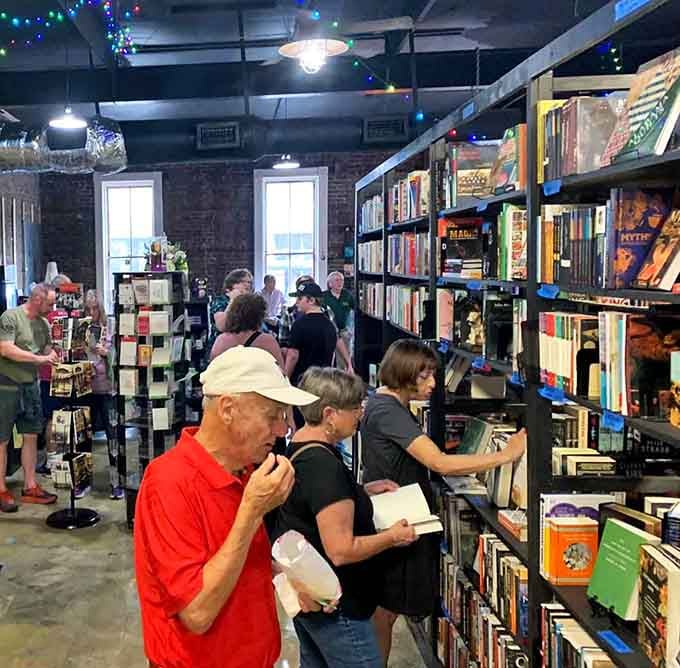 Book lovers in their natural habitat, hunting for their next great read with the focus of literary detectives.
