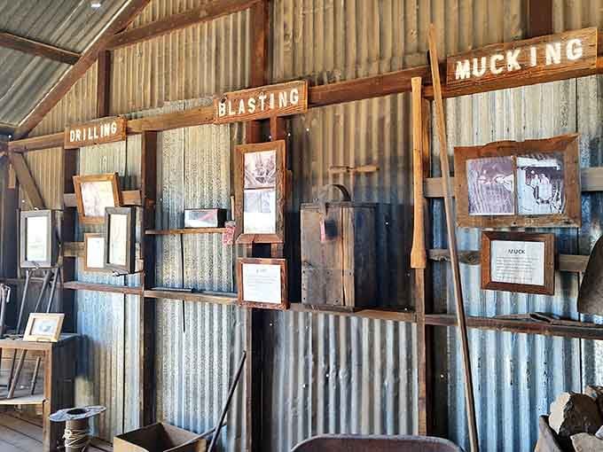 The corrugated walls labeled "Drilling, Blasting, Mucking" explain the brutal reality of underground gold extraction without sugarcoating.