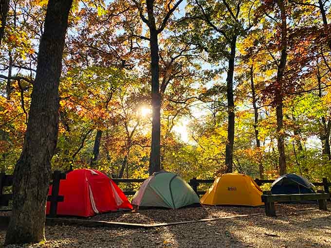 Colorful tents dot the campground at sunset, where brave souls spend the night under potentially haunted skies.
