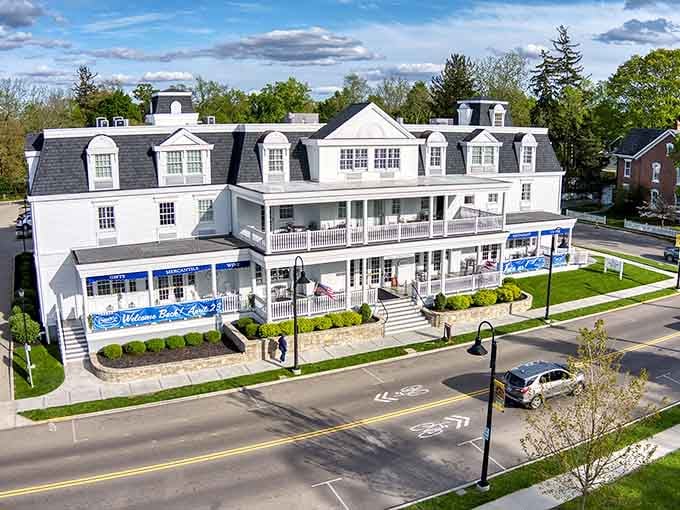 Mills Park Hotel stands proud and white, looking like it wandered straight out of a New England postcard.