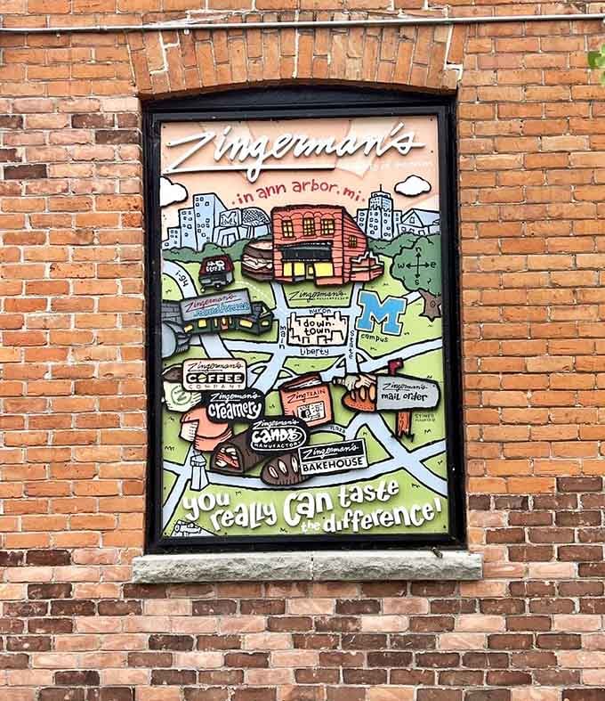This whimsical mural celebrates the entire Zingerman's family of businesses that call Ann Arbor home.