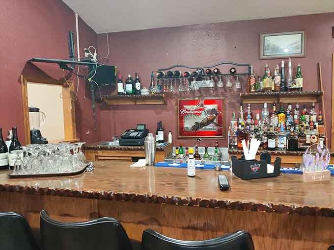 The bar area proves that small-town establishments can offer big-city amenities, with enough spirits to lift yours after a long day on the road.