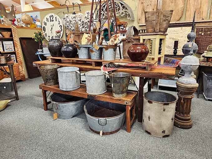 Rustic farm implements that have graduated from hard labor to decorative statements. Those galvanized buckets have seen things, my friends.