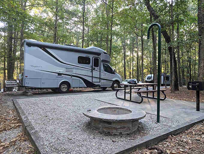 RV camping with a fire pit&mdash;because diamond hunting is a marathon, not a sprint. The perfect basecamp for extended treasure expeditions.