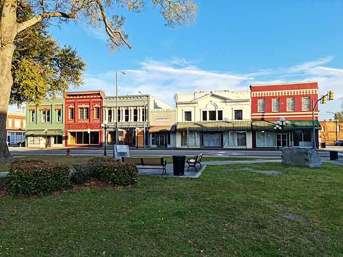 This colorful row of storefronts could be a movie set, but it's just another Tuesday in Bennettsville where affordable living looks picture-perfect.