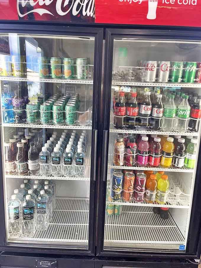 The drink selection covers all bases, from water to revive you after a beach day to sodas that complement those hearty plate lunches.