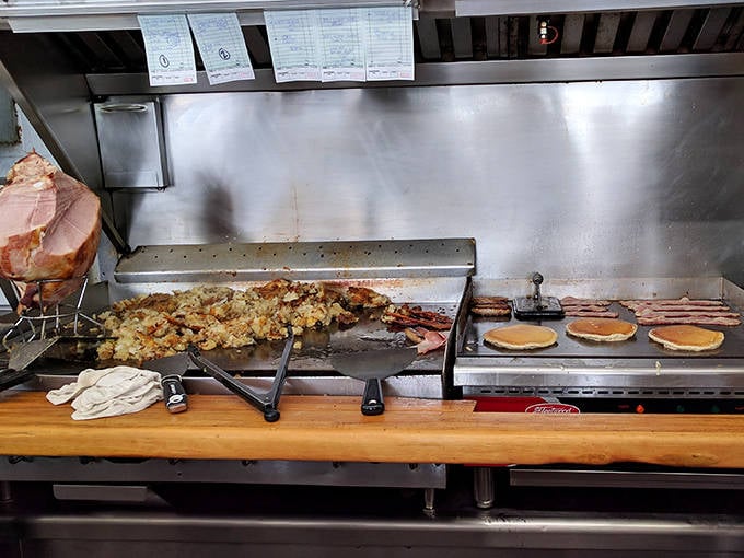 Where breakfast magic happens&mdash;a well-seasoned griddle that's seen more action than most Hollywood stuntmen.