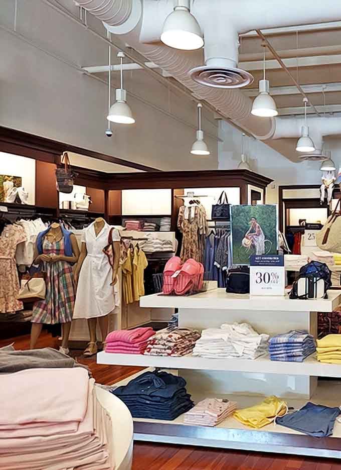 Ralph Lauren's carefully curated displays offer the illusion of preppy perfection. The warm lighting flatters both the merchandise and your shopping decisions.