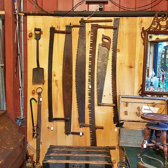 Tools that built America, now hanging like industrial art. That two-person saw has stories that would make your power tools blush.