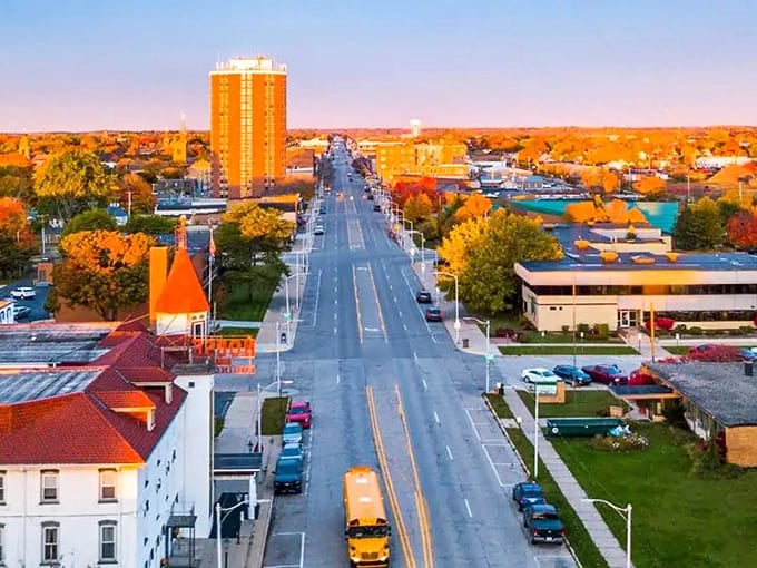 Autumn sets Main Street ablaze with color as the golden hour paints everything in warm, nostalgic light.