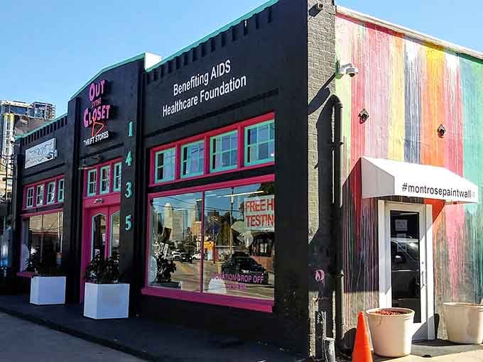 That rainbow-painted exterior celebrates diversity and community, making thrift shopping feel like supporting something genuinely meaningful and joyful.