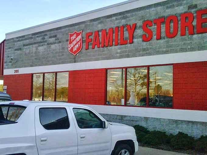 The iconic red and white Salvation Army colors signal a trusted destination for families seeking affordable essentials.