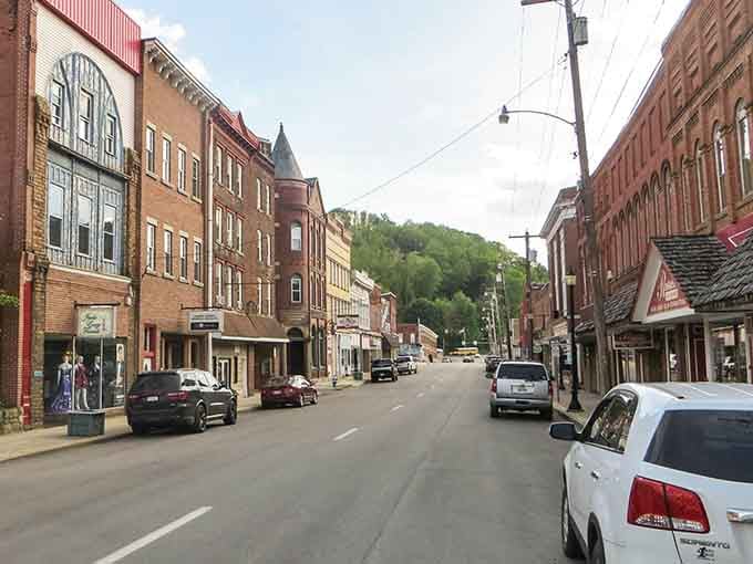 The historic storefronts of Weston create a timeline of architectural styles, from Victorian to early 20th century commercial.