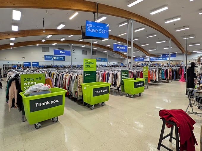 Those bright green donation bins and organized aisles show that saving money and doing good can look surprisingly cheerful together.